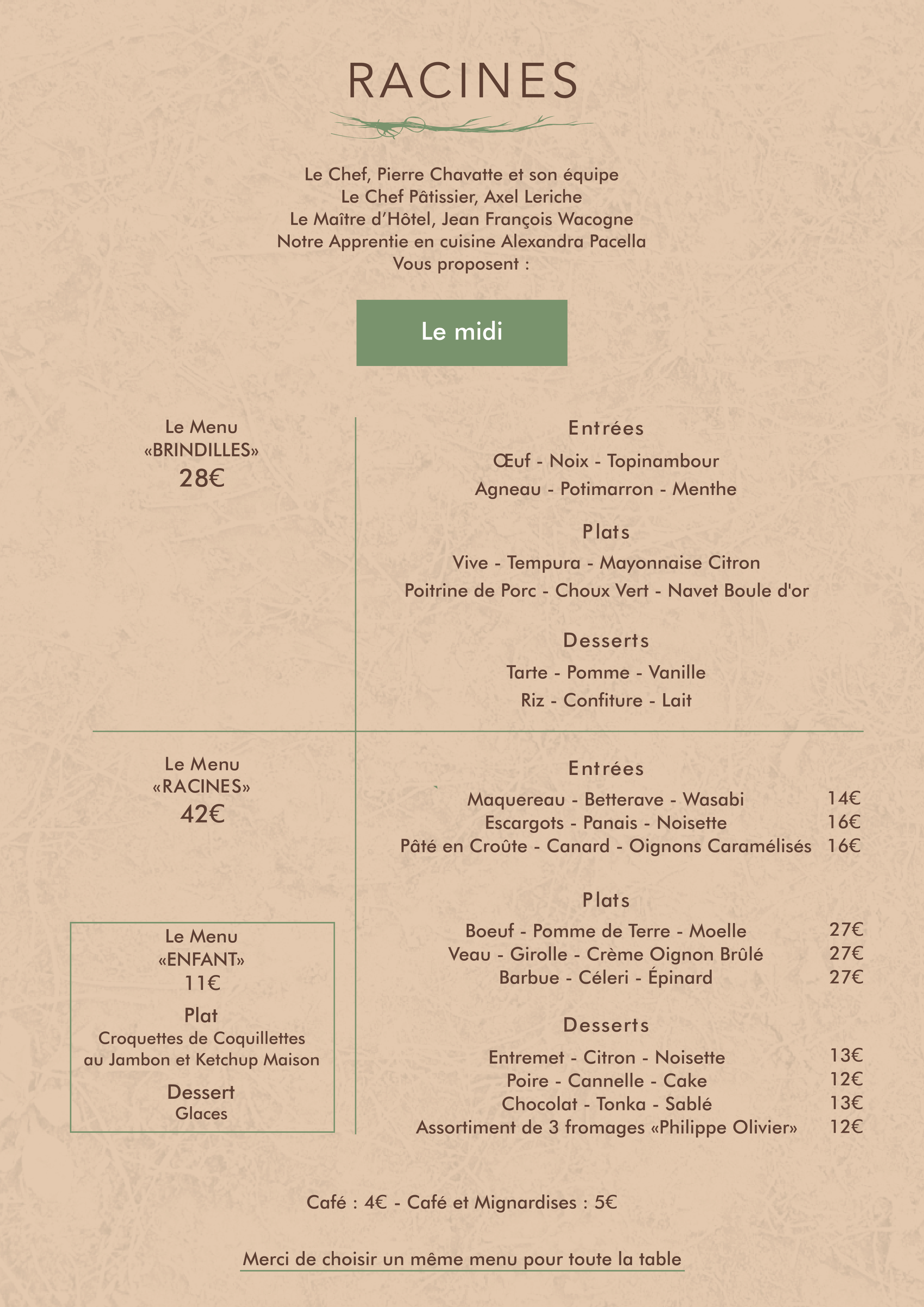 Menu du midi - Restaurant Racines - Etaples sur Mer